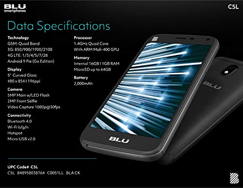 BLU C5L Android Cell Phone 5'' 16GB Memory Factory Unlocked 5.0'' Display -Black