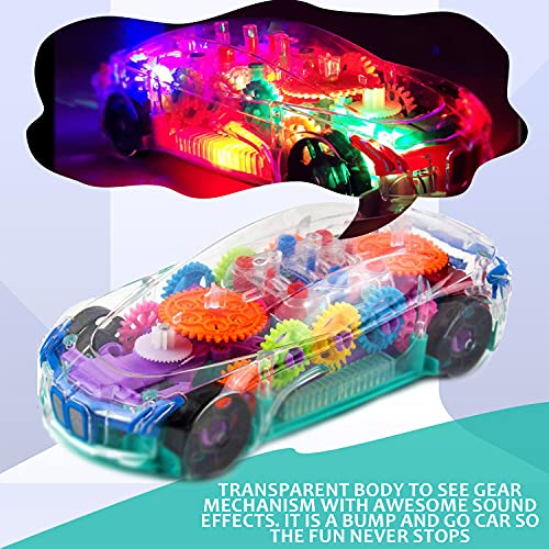 Toysery Transparent Toy Car for Toddlers – See Through Electric Car, Mechanical Battery Operated Race Car Toy with Visible Colored Moving Gears, Brilliant LED Light Effects, Plays Charming Music,