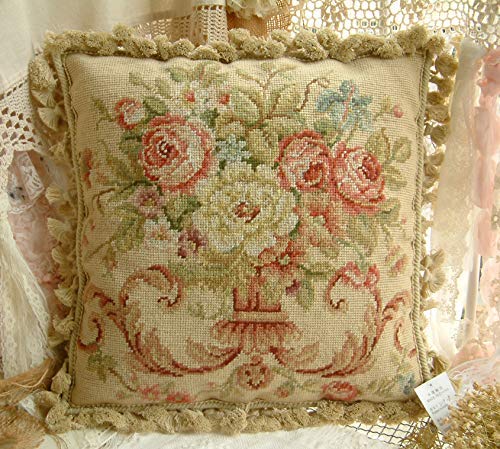 GoldenAppleArt 16" Elegant Roses in Urn Vintage Handmade Aubusson Design Needlepoint Pillow