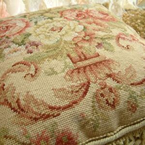 GoldenAppleArt 16" Elegant Roses in Urn Vintage Handmade Aubusson Design Needlepoint Pillow