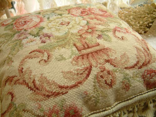 GoldenAppleArt 16" Elegant Roses in Urn Vintage Handmade Aubusson Design Needlepoint Pillow