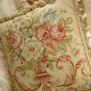 GoldenAppleArt 16" Elegant Roses in Urn Vintage Handmade Aubusson Design Needlepoint Pillow