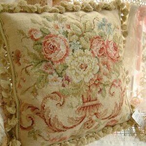 GoldenAppleArt 16" Elegant Roses in Urn Vintage Handmade Aubusson Design Needlepoint Pillow