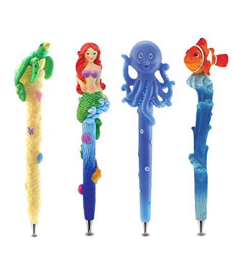 Planet Pens Bundle of Sea Turtle, Mermaid, Octopus, & Clown Fish Novelty Pens - Ballpoint Pens Colorful Sea Life Writing Pens Instrument For School and Office - 4 Pack