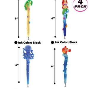 Planet Pens Bundle of Sea Turtle, Mermaid, Octopus, & Clown Fish Novelty Pens - Ballpoint Pens Colorful Sea Life Writing Pens Instrument For School and Office - 4 Pack