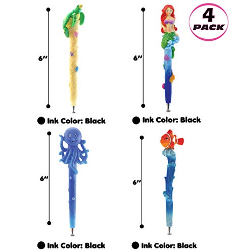 Planet Pens Bundle of Sea Turtle, Mermaid, Octopus, & Clown Fish Novelty Pens - Ballpoint Pens Colorful Sea Life Writing Pens Instrument For School and Office - 4 Pack