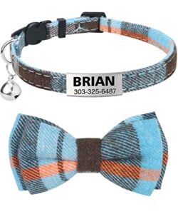 tagme personalized cat collar, breakaway tartan kitten collar with cute bow tie & bell, stainless steel slide-on pet id tag engraved with name & phone numbers, haze blue