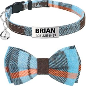 TagME Personalized Cat Collar, Breakaway Tartan Kitten Collar with Cute Bow Tie & Bell, Stainless Steel Slide-on Pet ID Tag Engraved with Name & Phone Numbers, Haze Blue