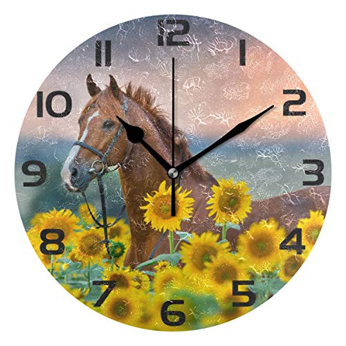 Oreayn Horse Sunflower Wall Clock for Home Office Bedroom Living Room Decor Non Ticking