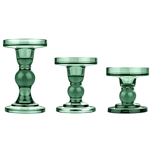 Lewondr Glass Candle Holders, 3 Pieces Crystal Clear Candlesticks with Elegant Design for Pillar Taper Candle and Tea Light, Home Table Living Room Wedding Party Decorations Home Décor - Green