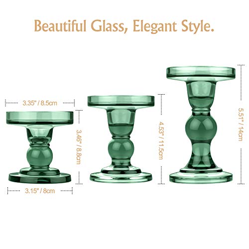 Lewondr Glass Candle Holders, 3 Pieces Crystal Clear Candlesticks with Elegant Design for Pillar Taper Candle and Tea Light, Home Table Living Room Wedding Party Decorations Home Décor - Green