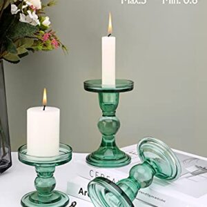 Lewondr Glass Candle Holders, 3 Pieces Crystal Clear Candlesticks with Elegant Design for Pillar Taper Candle and Tea Light, Home Table Living Room Wedding Party Decorations Home Décor - Green