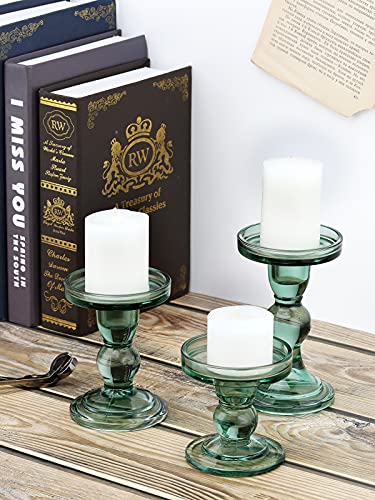 Lewondr Glass Candle Holders, 3 Pieces Crystal Clear Candlesticks with Elegant Design for Pillar Taper Candle and Tea Light, Home Table Living Room Wedding Party Decorations Home Décor - Green