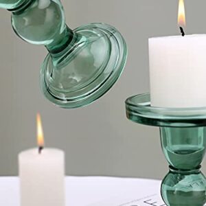 Lewondr Glass Candle Holders, 3 Pieces Crystal Clear Candlesticks with Elegant Design for Pillar Taper Candle and Tea Light, Home Table Living Room Wedding Party Decorations Home Décor - Green