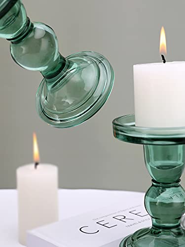 Lewondr Glass Candle Holders, 3 Pieces Crystal Clear Candlesticks with Elegant Design for Pillar Taper Candle and Tea Light, Home Table Living Room Wedding Party Decorations Home Décor - Green