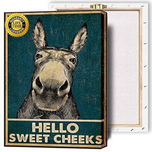 donkey pictures wall decor hello sweet cheeks donkey poster - funny animal bathroom wall art - hello sweet cheeks bathroom sign - green wall art for room bedroom bathroom decor 16" x 24" framed