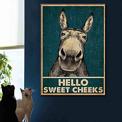 Donkey Pictures Wall Decor Hello Sweet Cheeks Donkey Poster - Funny Animal Bathroom Wall Art - Hello Sweet Cheeks Bathroom Sign - Green Wall Art for Room Bedroom Bathroom Decor 16" X 24" Framed