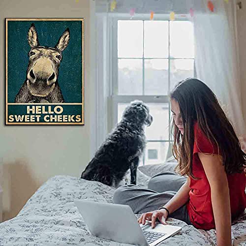 Donkey Pictures Wall Decor Hello Sweet Cheeks Donkey Poster - Funny Animal Bathroom Wall Art - Hello Sweet Cheeks Bathroom Sign - Green Wall Art for Room Bedroom Bathroom Decor 16" X 24" Framed