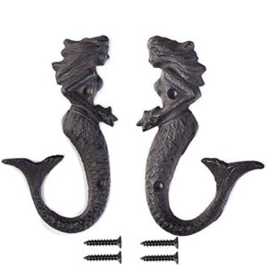 kiaotime pack 2 cast iron mermaid hook vintage rustic wall hanger decor beach nautical coastal style bathroom shower hand towels holder wall coat racks