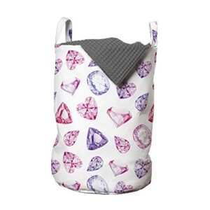 lunarable diamonds laundry bag, amethyst heart and triangle shaped diamond hanging vibrant vivid pattern, hamper basket with handles drawstring closure for laundromats, 13" x 19", pink purple