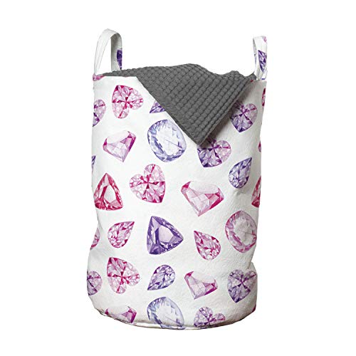 Lunarable Diamonds Laundry Bag, Amethyst Heart and Triangle Shaped Diamond Hanging Vibrant Vivid Pattern, Hamper Basket with Handles Drawstring Closure for Laundromats, 13" x 19", Pink Purple