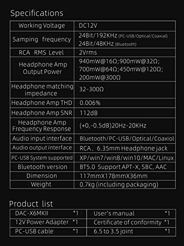 KGUSS FX-Audio DAC-X6 MKII Bluetooth 5.0 Digital Audio Decoder DAC 24-bit/192kHz USB/Coaxial/Optical Headphone Amp Mini HiFi Pre-Amplifier Black