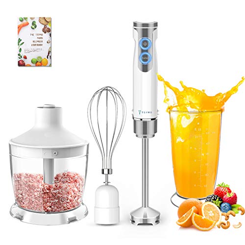 TSYMO 800w Immersion Blender Handheld, 4-in-1 Hand Stick with 6-Speed+Turbo, Mixing Cup, Food Chopper, Whisk Attachment, BPA-Free