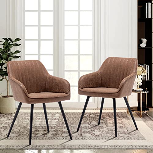 Awonde Brown Faux Leather Accent Chairs Set of 2 Modern Arm Chairs for Living Room Dining Room Office Guest Chair with Metal Legs