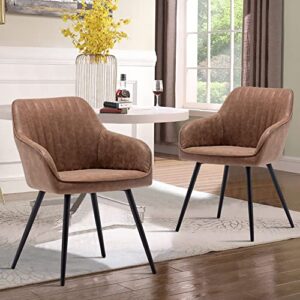 Awonde Brown Faux Leather Accent Chairs Set of 2 Modern Arm Chairs for Living Room Dining Room Office Guest Chair with Metal Legs