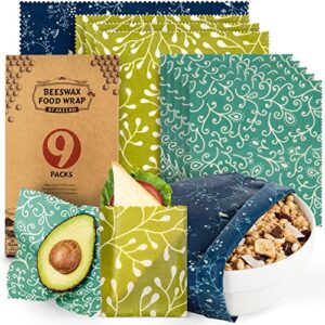 akeeko reusable food wraps w/beeswax assorted 9 packs - eco-friendly reusable wraps, biodegradable, zero waste, organic, sustainable, plastic-free food storage, 5s, 3m, 1l w/abstract curves pattern