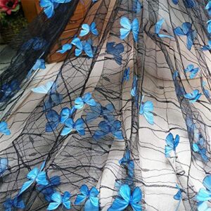 3d vivid butterflies mesh lace fabric french tulle lace for diy wedding dress costume accessories flower girl gown dress bridal veil home decor (3 yard, black mesh+blue butterflies)