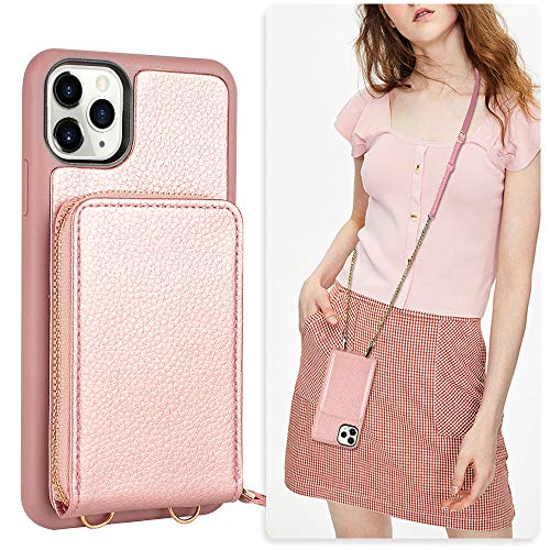 JLFCH Compatible with iPhone 12 Pro Max, Crossbody Wallet Case for iPhone 12 Pro Max, Zipper Credit Card Holder Wrist Strap Lanyard Purse for Apple iPhone 12 Pro Max (2020), 6.7 inch- Rose Gold