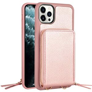 JLFCH Compatible with iPhone 12 Pro Max, Crossbody Wallet Case for iPhone 12 Pro Max, Zipper Credit Card Holder Wrist Strap Lanyard Purse for Apple iPhone 12 Pro Max (2020), 6.7 inch- Rose Gold