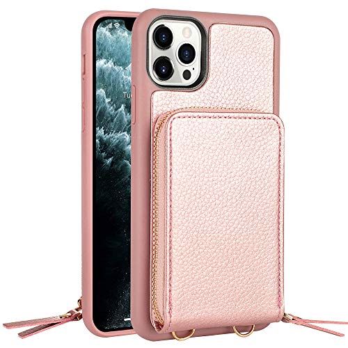 JLFCH Compatible with iPhone 12 Pro Max, Crossbody Wallet Case for iPhone 12 Pro Max, Zipper Credit Card Holder Wrist Strap Lanyard Purse for Apple iPhone 12 Pro Max (2020), 6.7 inch- Rose Gold