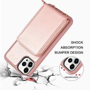 JLFCH Compatible with iPhone 12 Pro Max, Crossbody Wallet Case for iPhone 12 Pro Max, Zipper Credit Card Holder Wrist Strap Lanyard Purse for Apple iPhone 12 Pro Max (2020), 6.7 inch- Rose Gold