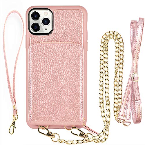 JLFCH Compatible with iPhone 12 Pro Max, Crossbody Wallet Case for iPhone 12 Pro Max, Zipper Credit Card Holder Wrist Strap Lanyard Purse for Apple iPhone 12 Pro Max (2020), 6.7 inch- Rose Gold