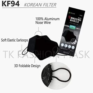 [30 Pack] Black Disposable KF-94 Face Mask, Individual Pack, Made in Korea, Disposable, Nose Mouth Covering Dust Face Mask, Adjustable Strap, Unisex Adult, 3D Ergonomic Design