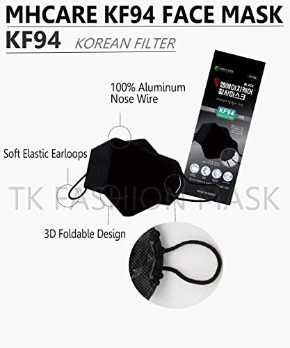 [30 Pack] Black Disposable KF-94 Face Mask, Individual Pack, Made in Korea, Disposable, Nose Mouth Covering Dust Face Mask, Adjustable Strap, Unisex Adult, 3D Ergonomic Design