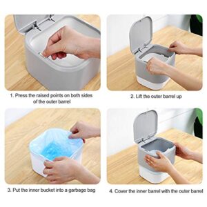 Small Trash Can with Lid, Mini Plastic Table Countertop Desktop Garbage Bin for Study Desk Dressing Table Office Kitchen Bathroom Bedroom Living Room, Grey