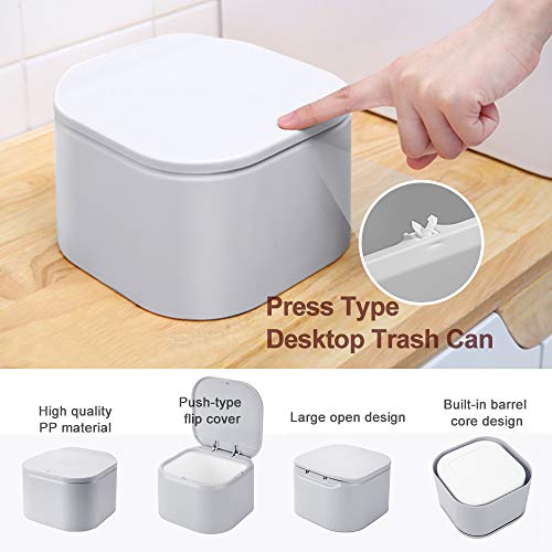 Small Trash Can with Lid, Mini Plastic Table Countertop Desktop Garbage Bin for Study Desk Dressing Table Office Kitchen Bathroom Bedroom Living Room, Grey