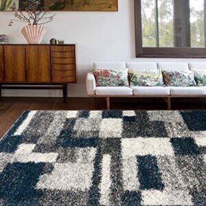 Rugshop Distressed Modern Boxes Plush Shag Area Rug 5' x 7' Navy