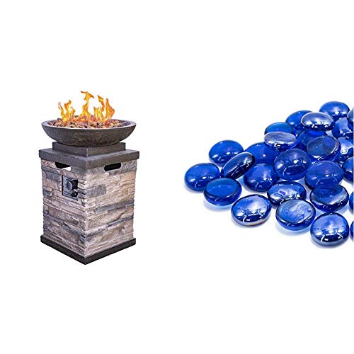 Bond Manufacturing 63172 Newcastle Propane Firebowl Column Realistic Look Firepit Heater Lava Rock 40,000 BTU Outdoor Gas Fire Pit 20 lb & 67984 LavaGlass Round Fire Pit Dispersion Glass, 10 lb