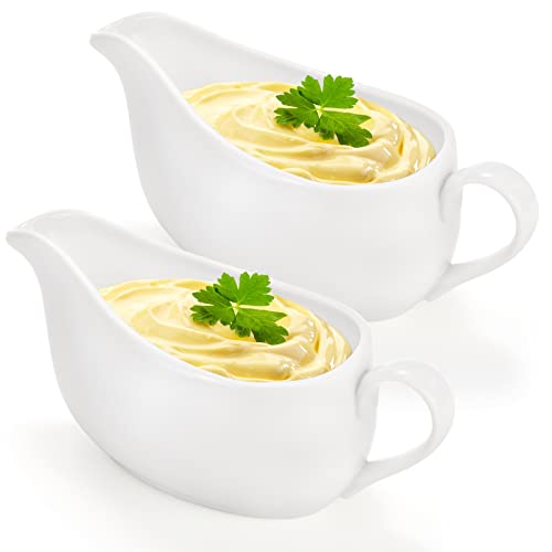 Yesland 2 Pcs 15 oz Gravy Boat, Ceramic White Easy-Pour Gravy Boat for Dining, Holiday Meals & Parties