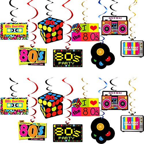 30 Pieces 80's Party Background Decorations Kit Hanging Swirls Decorations 80's Retro Swirls Ceiling Decorations 80's Hip Hop Hanging Swirls Photo Backdrop for 80's Party Theme Supplies