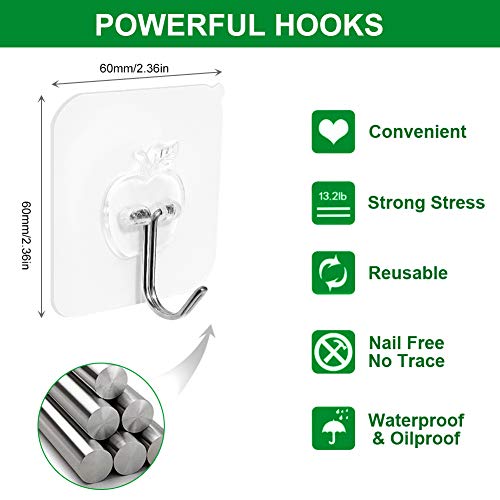 50 Packs Adhesive Wall Hooks 22lb(Max) Transparent Reusable Seamless Hooks,Waterproof and Oilproof,Bathroom Kitchen Heavy Duty Self Adhesive Hooks