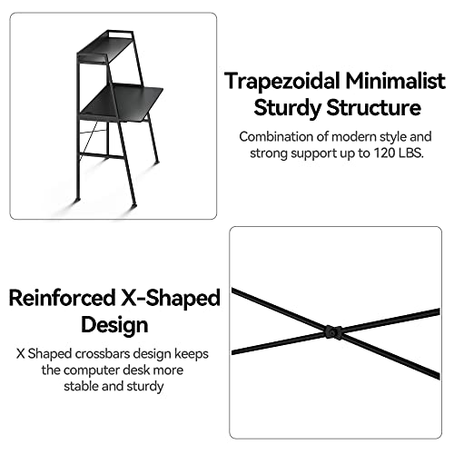 It's_Organized Computer Ladder Desk with Shelves, 43" for Small Spaces Saving Home Office Bedroom Workstation PC Laptop Study Writing Gaming Table with Storage Shelf Bookshelf Modern Black Metal Frame