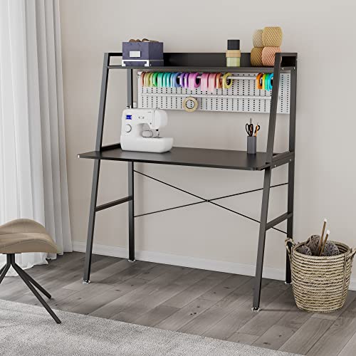 It's_Organized Computer Ladder Desk with Shelves, 43" for Small Spaces Saving Home Office Bedroom Workstation PC Laptop Study Writing Gaming Table with Storage Shelf Bookshelf Modern Black Metal Frame