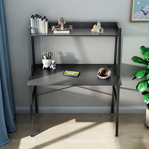 It's_Organized Computer Ladder Desk with Shelves, 43" for Small Spaces Saving Home Office Bedroom Workstation PC Laptop Study Writing Gaming Table with Storage Shelf Bookshelf Modern Black Metal Frame