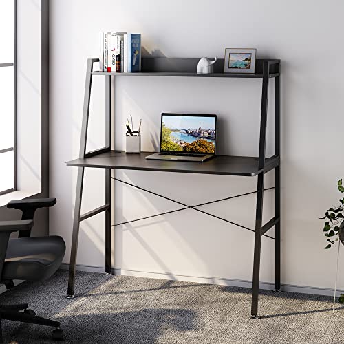 It's_Organized Computer Ladder Desk with Shelves, 43" for Small Spaces Saving Home Office Bedroom Workstation PC Laptop Study Writing Gaming Table with Storage Shelf Bookshelf Modern Black Metal Frame