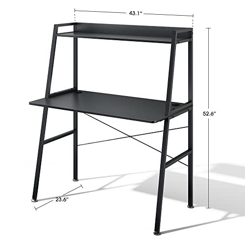 It's_Organized Computer Ladder Desk with Shelves, 43" for Small Spaces Saving Home Office Bedroom Workstation PC Laptop Study Writing Gaming Table with Storage Shelf Bookshelf Modern Black Metal Frame